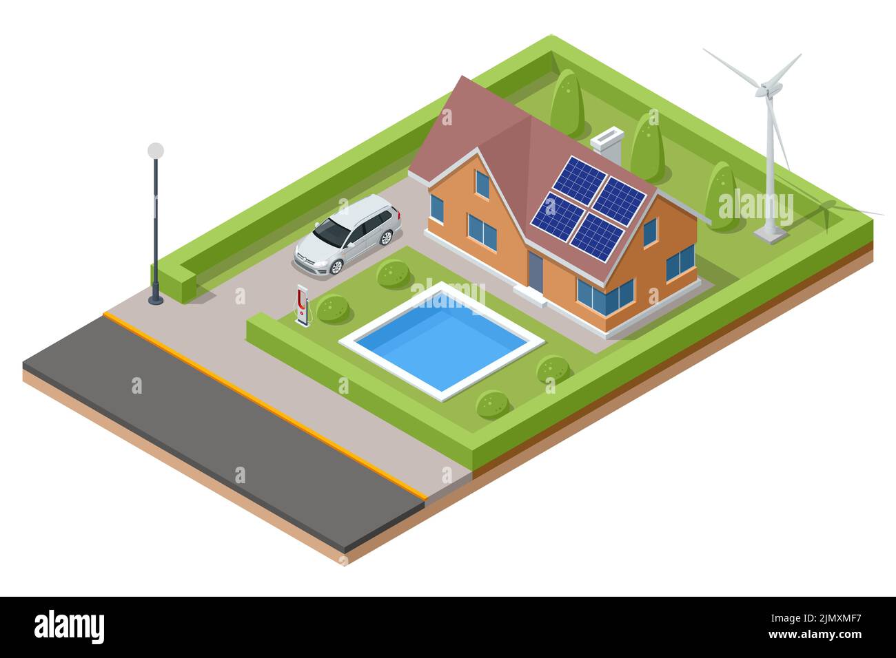 Isometric Modern House with Solar Panels and Wind Turbines. Green Eco ...