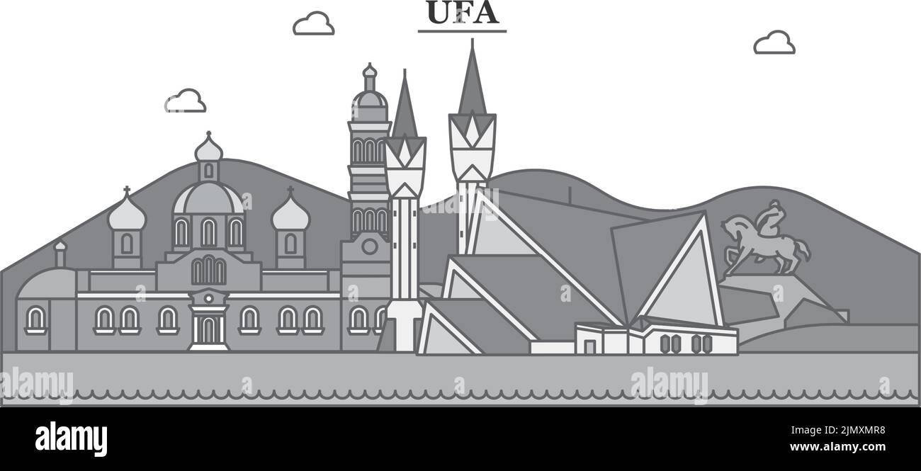 Russia, Ufa city skyline isolated vector illustration, icons Stock ...