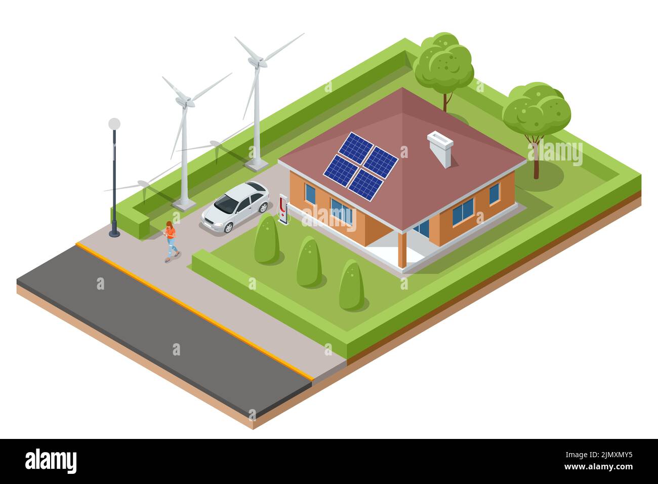 Isometric Modern House with Solar Panels and Wind Turbines. Green Eco ...
