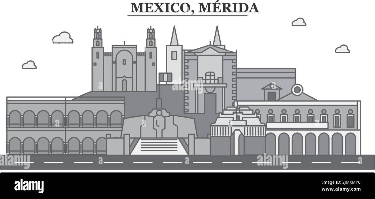 Mexico, Merida city skyline isolated vector illustration, icons Stock ...