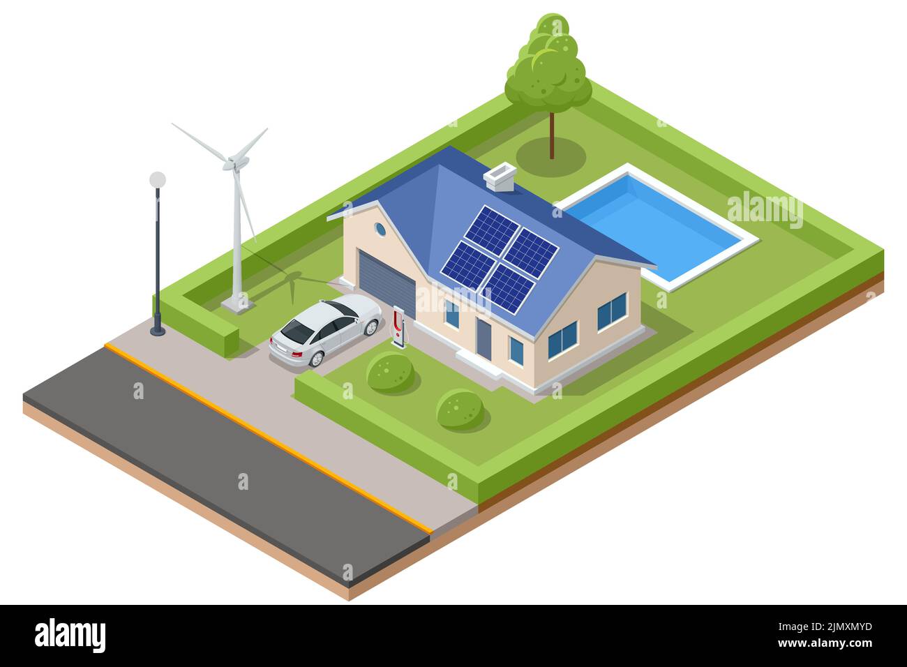 Isometric Modern House with Solar Panels and Wind Turbines. Green Eco ...