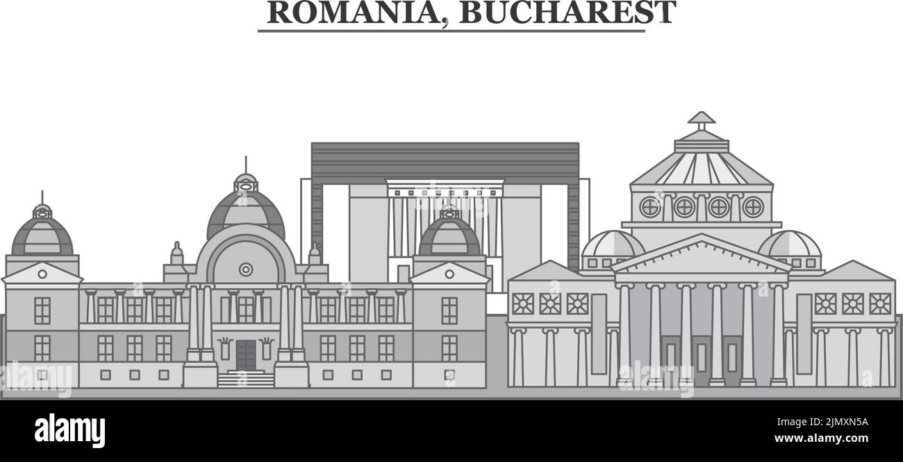 Romania, Bucharest city skyline isolated vector illustration, icons ...