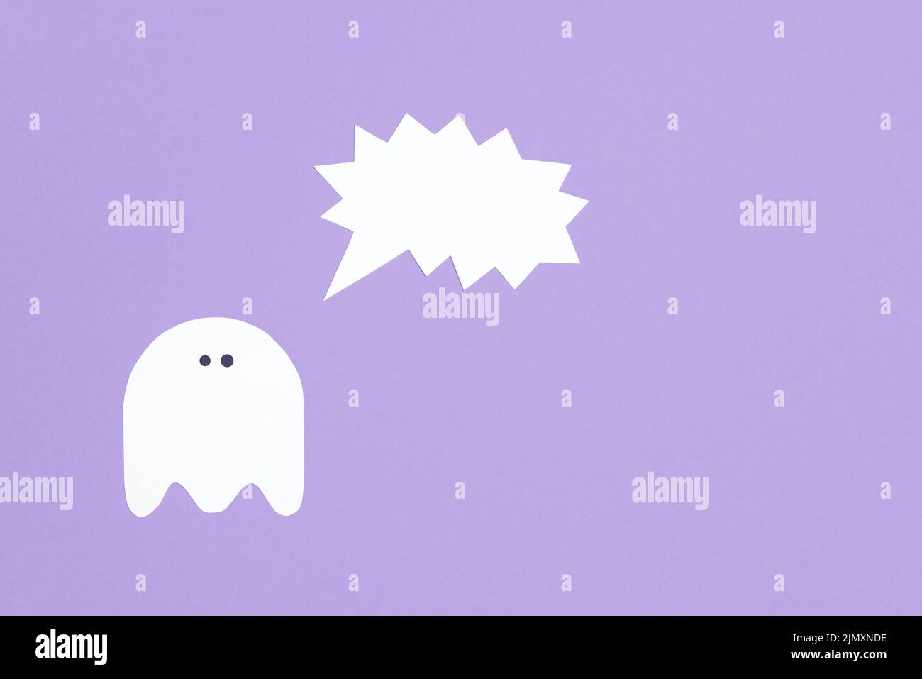 Trendy minimalist halloween design, white cute ghost with a shouting blank speech bubble on ...