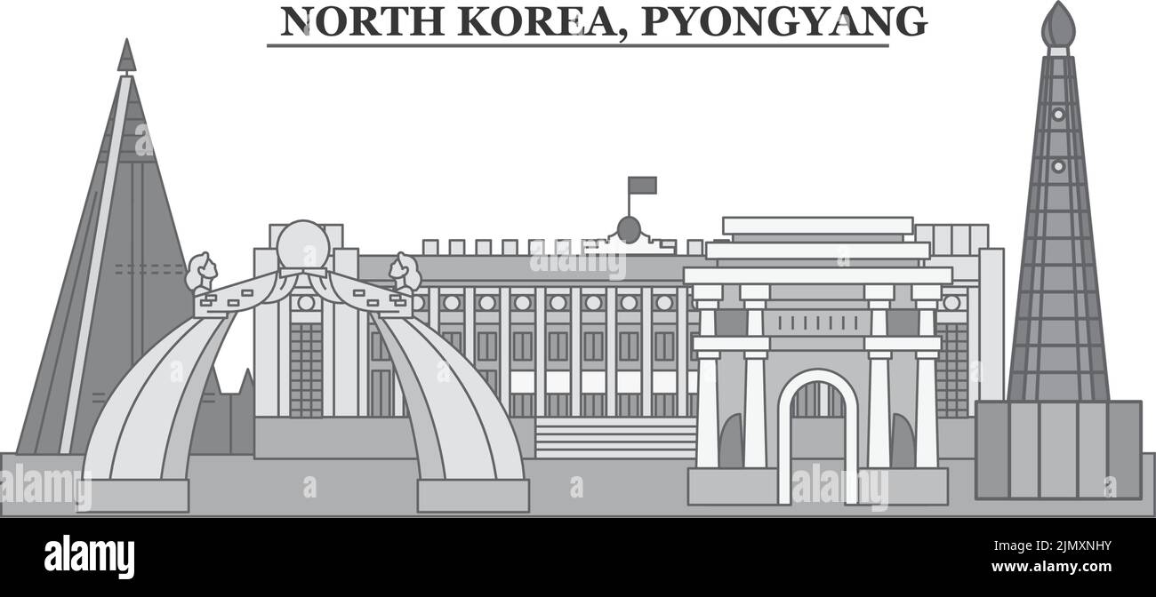 North Korea, Pyongyang city skyline isolated vector illustration, icons ...