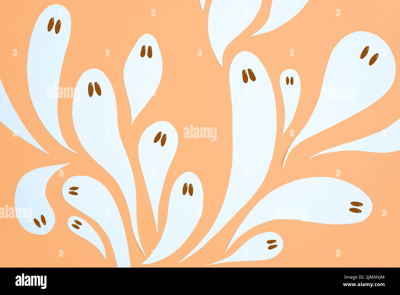 Halloween trendy design, group of cute white ghosts flying on pastel ...