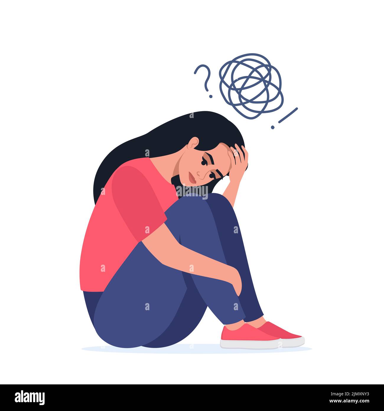 Depressed Unhappy Woman Sit on Floor with Tangled Thoughts in Head ...