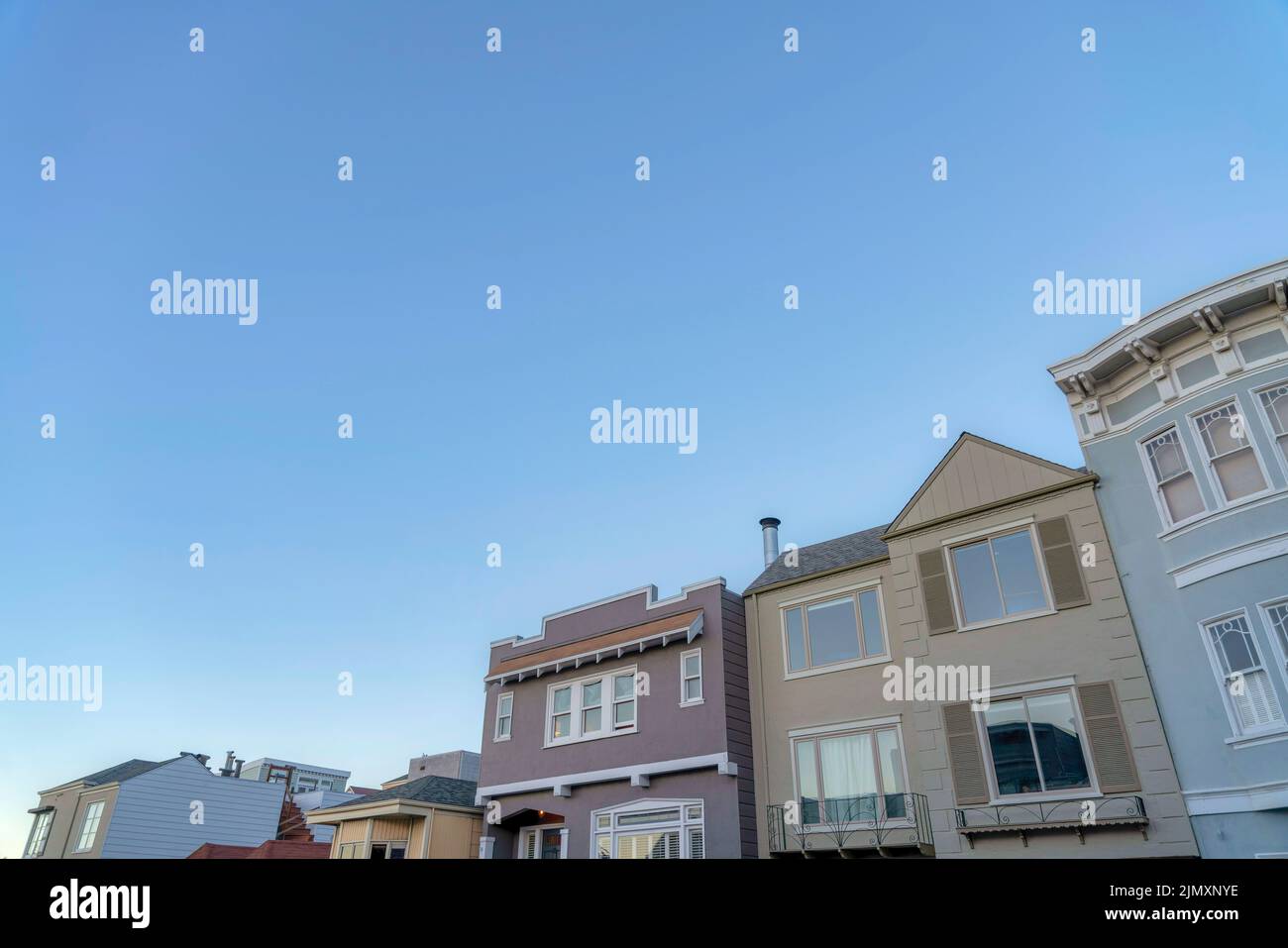 Low angle slanted view of suburban houses in San Francisco, California ...
