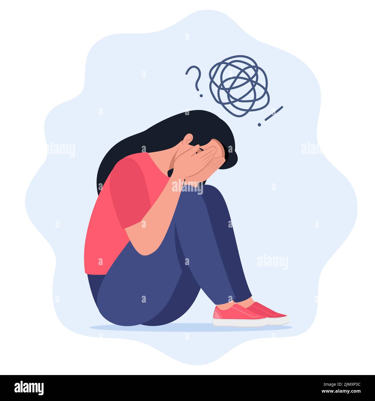 Depressed Unhappy Woman Sit on Floor with Tangled Thoughts in Head ...