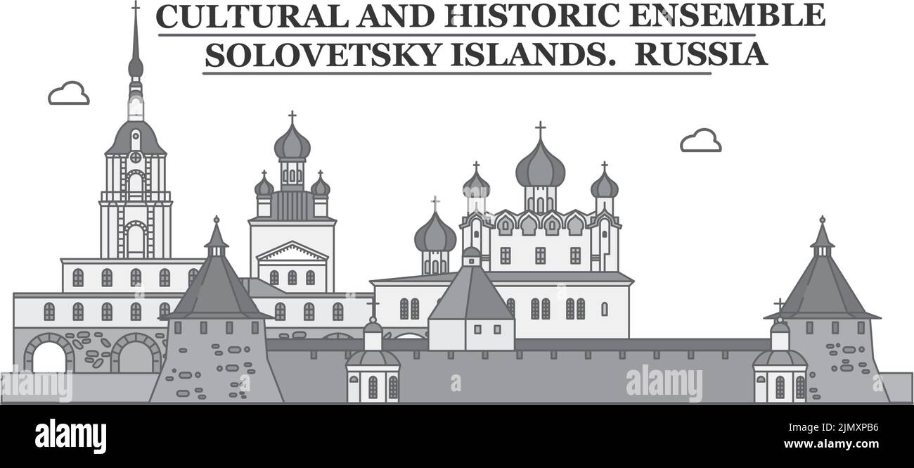 Russia, Solovetsky Islands city skyline isolated vector illustration ...