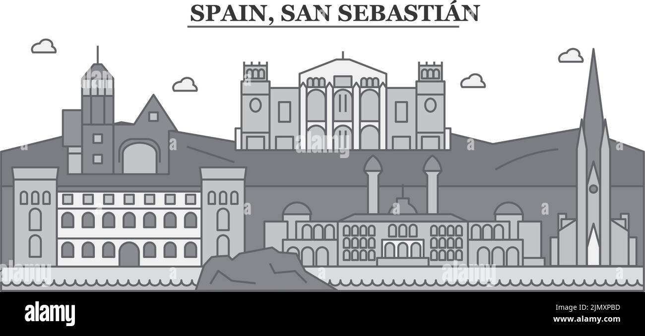 Spain, San Sebastian city skyline isolated vector illustration, icons ...