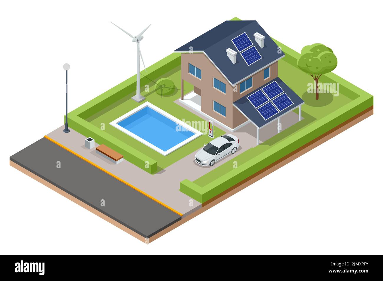 Isometric Modern House With Solar Panels And Wind Turbines Green Eco