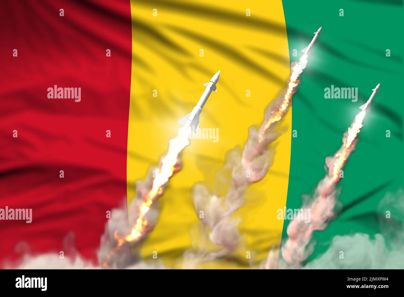 Guinea nuclear missile launch - modern strategic nuclear rocket weapons concept on flag fabric ...