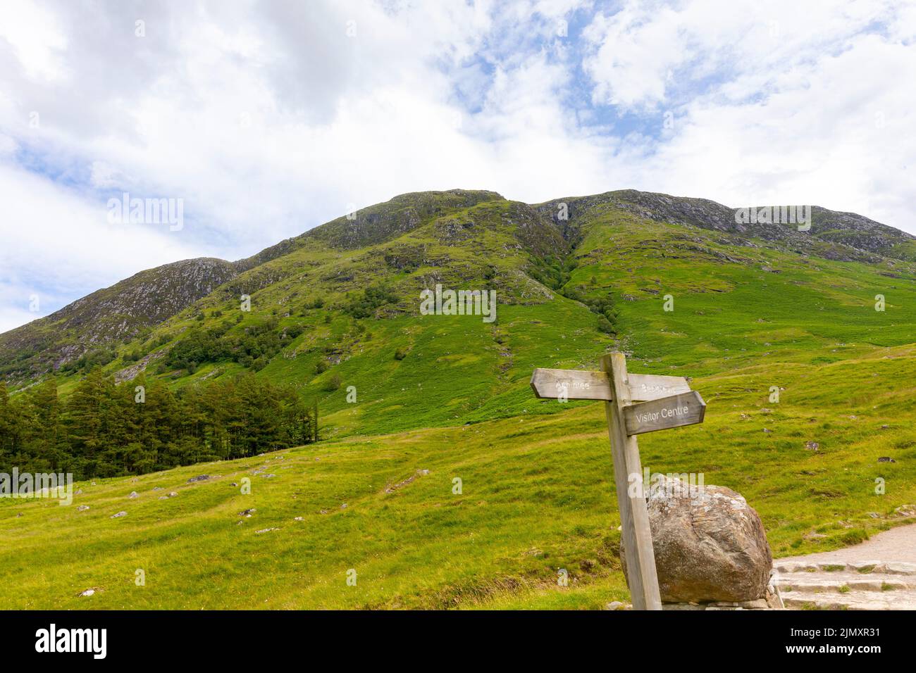 Ben Nevis mountain range in Scotland and wooden signpost with ...