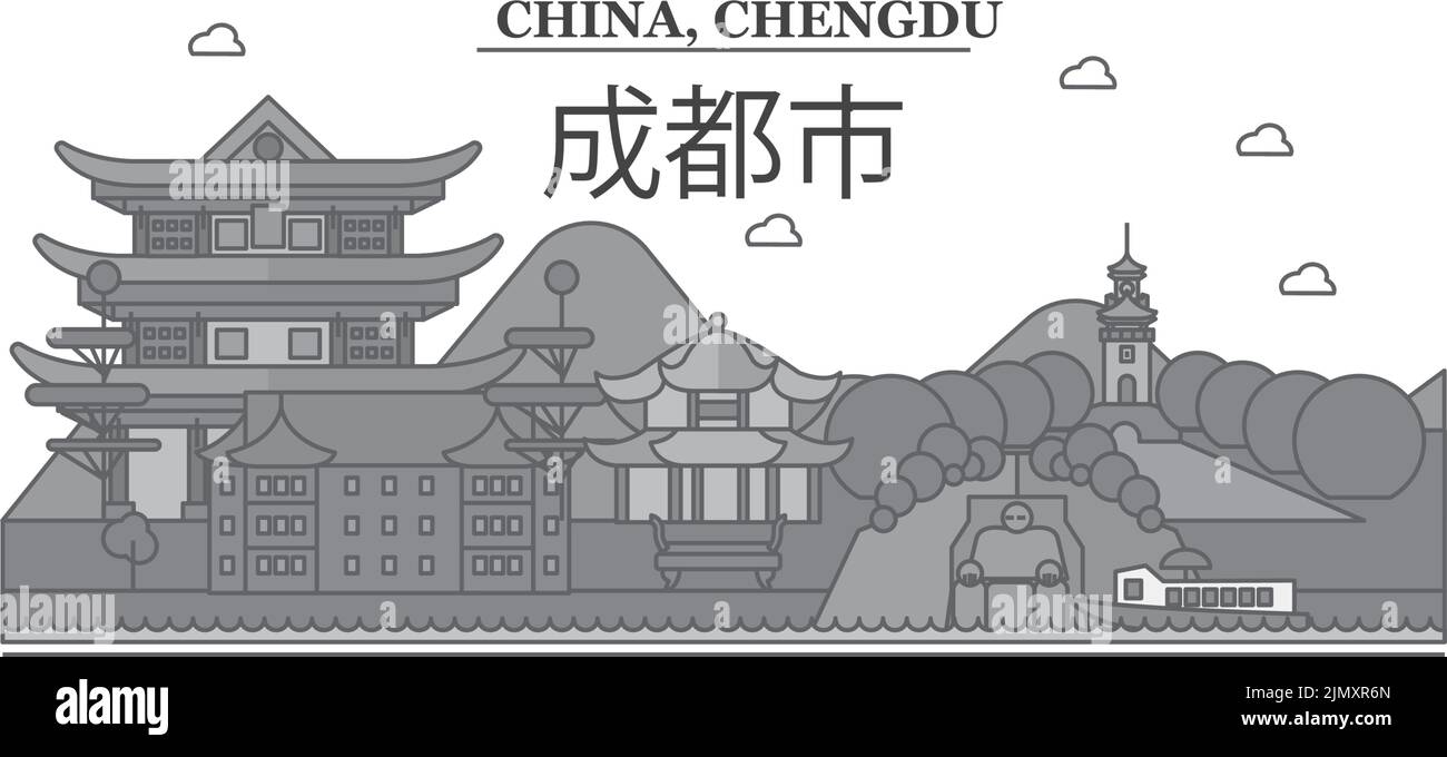 China, Chengdu city skyline isolated vector illustration, icons Stock ...