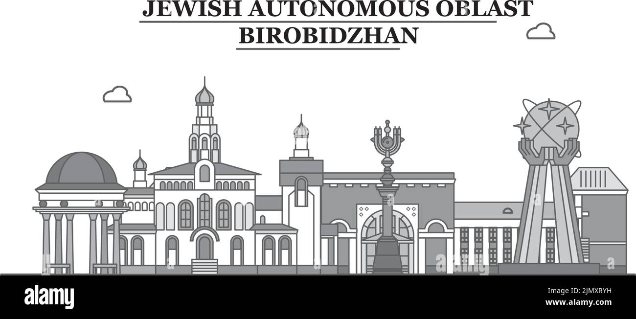 Russia, Birobidzhan city skyline isolated vector illustration, icons ...