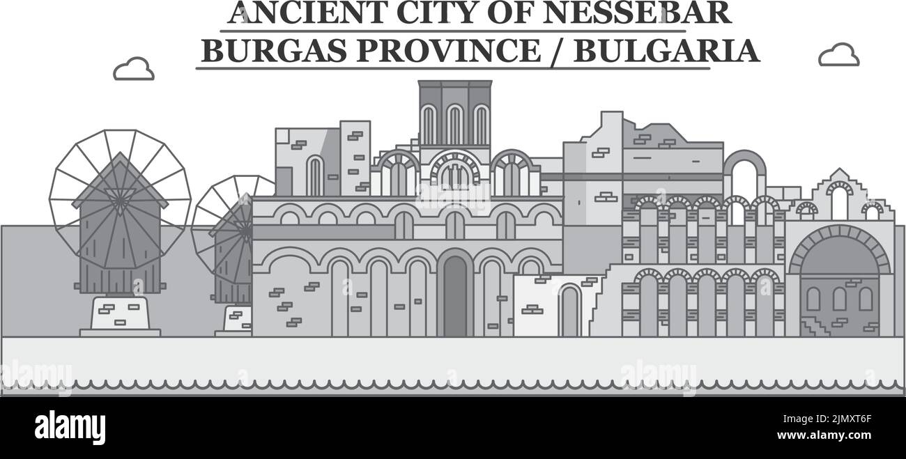 Bulgaria, Nessebar city skyline isolated vector illustration, icons ...