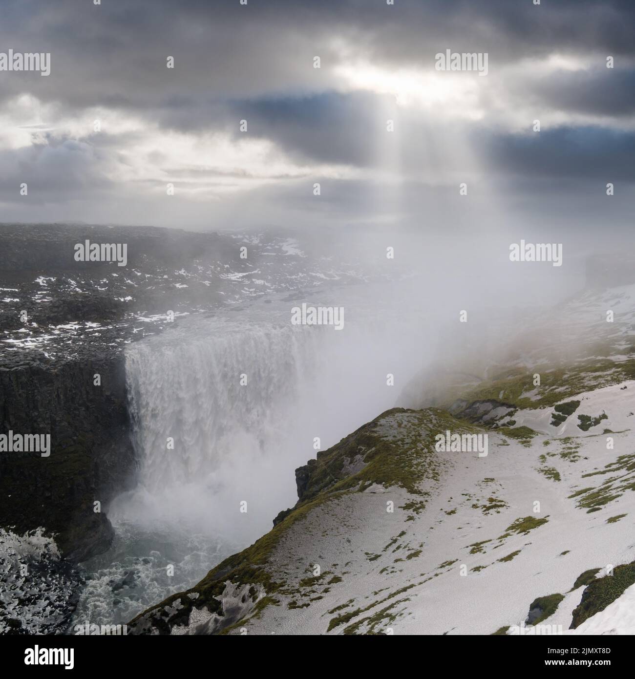 Picturesque full of water big waterfall Dettifoss autumn dull day view ...