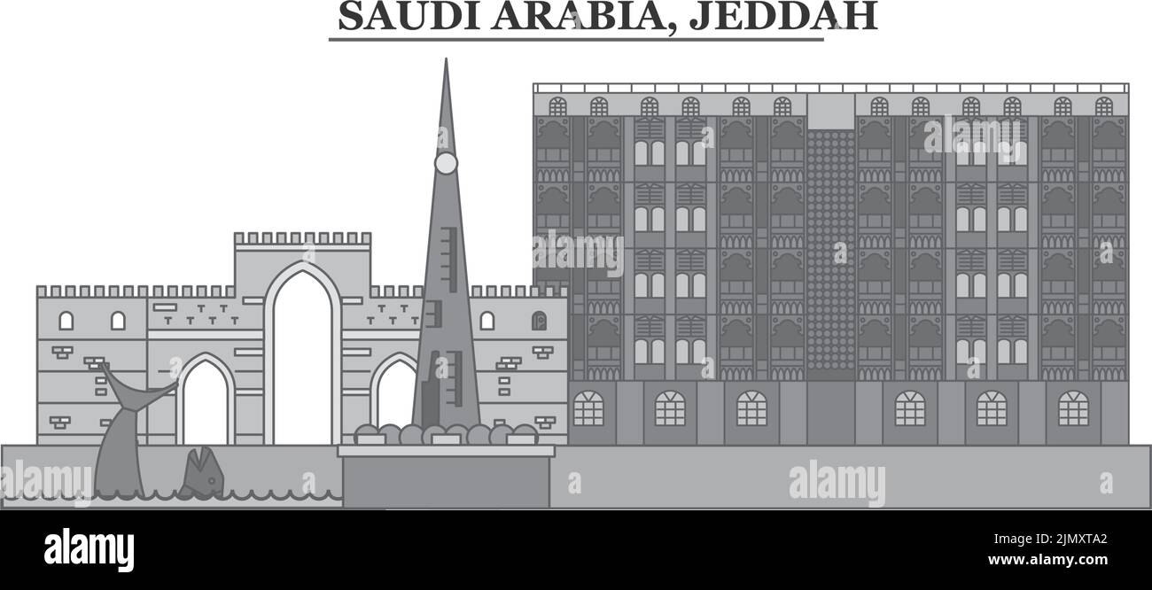 Saudi Arabia, Jeddah city skyline isolated vector illustration, icons ...
