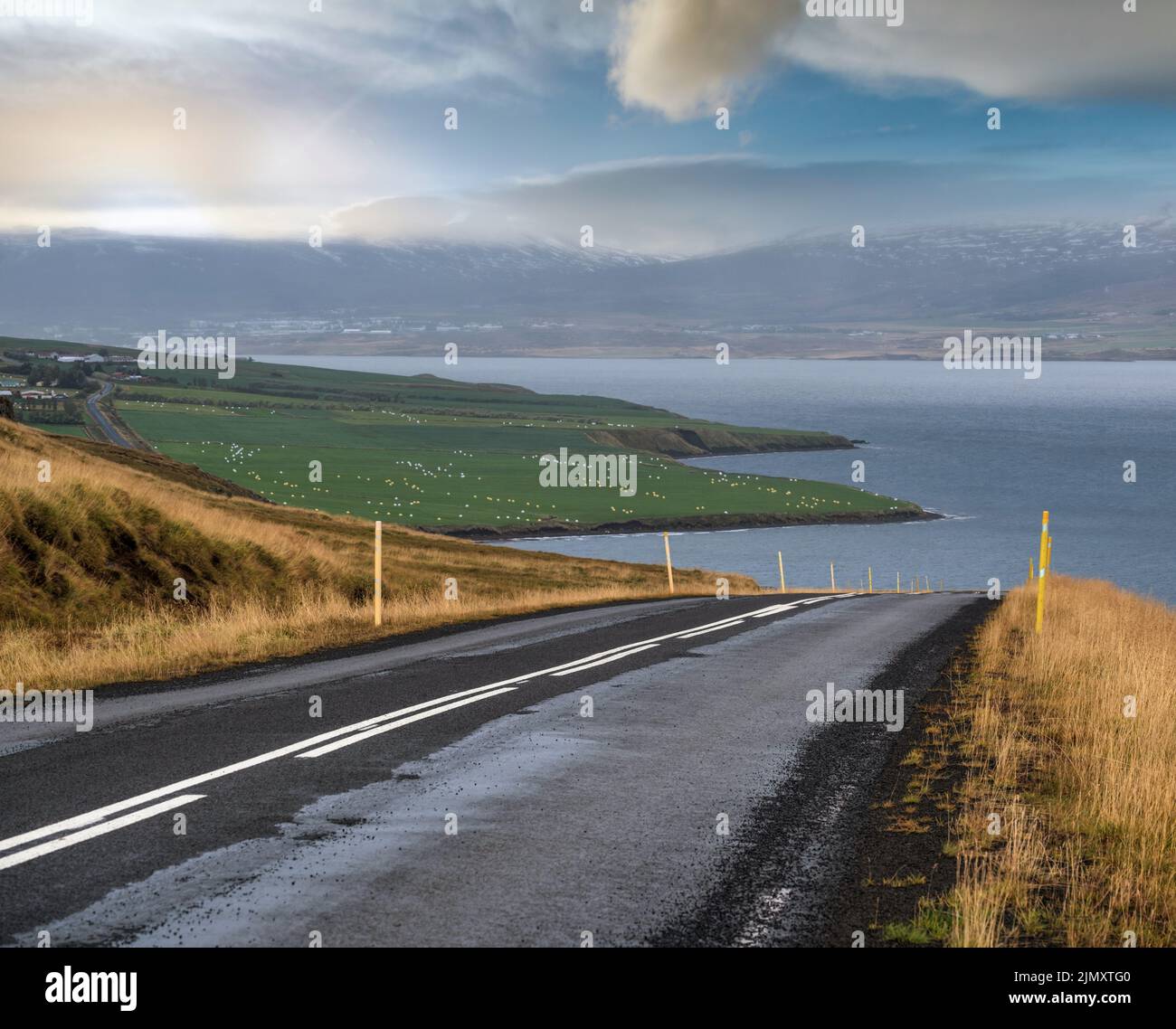 Highway road and mountain view during auto trip in Iceland. Spectacular ...