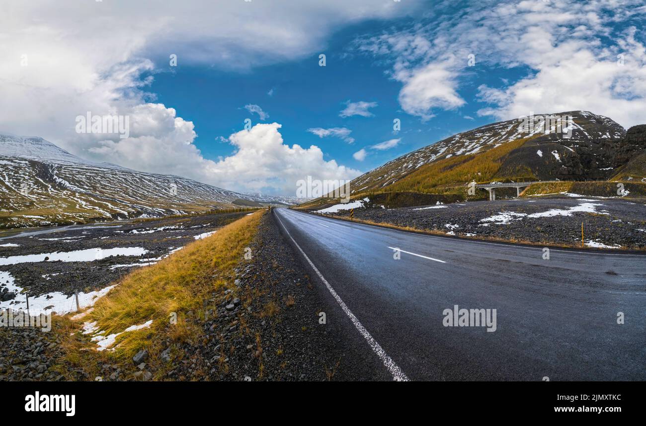 Highway road and mountain view during auto trip in Iceland. Spectacular ...