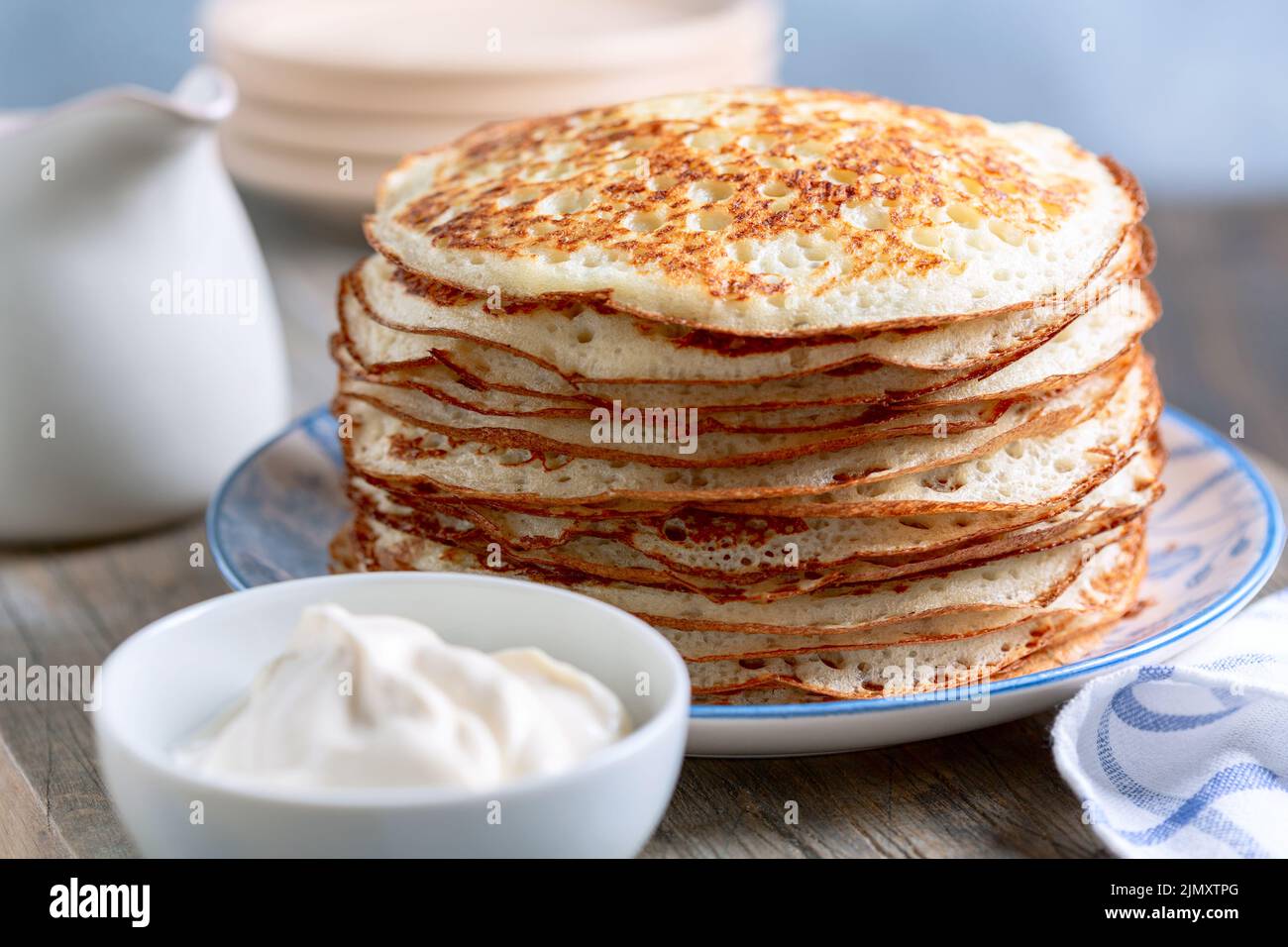 Stack of homemade yeast pancakes Stock Photo - Alamy