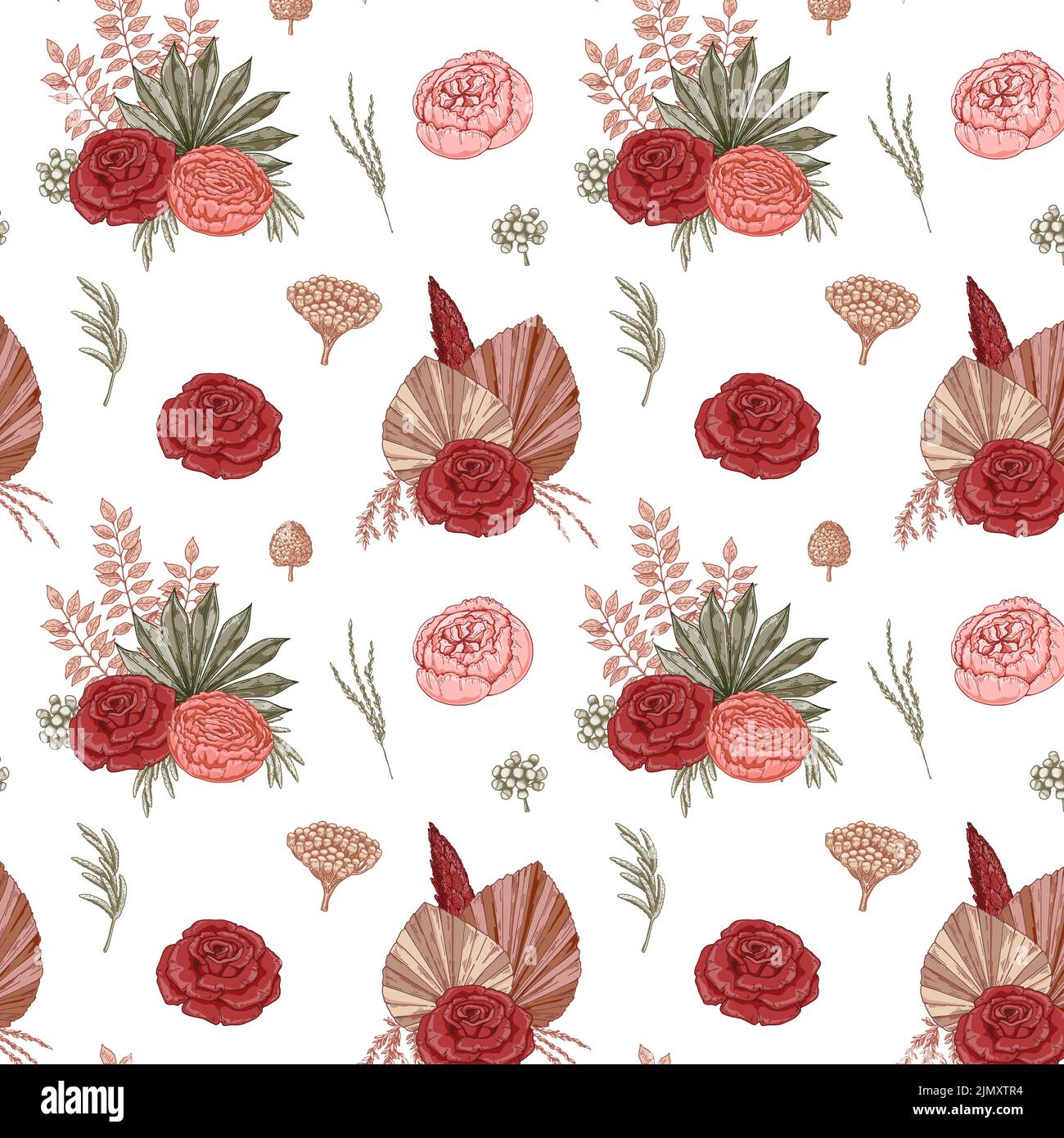 Modern dried flowers seamless pattern. Boho design. Hand drawn vector ...