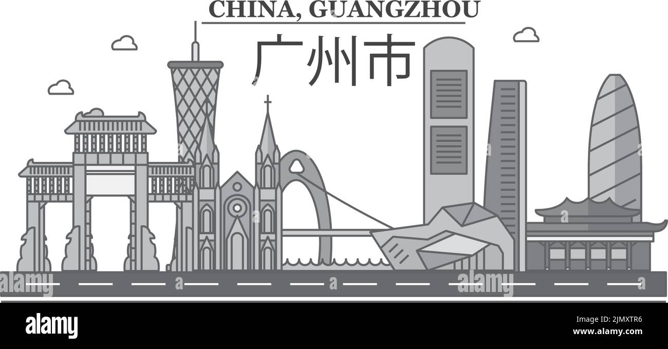China, Guangzhou city skyline isolated vector illustration, icons Stock ...