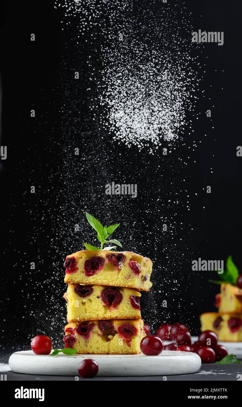 Baked sponge cake with cherries sprinkled with powdered sugar, black ...