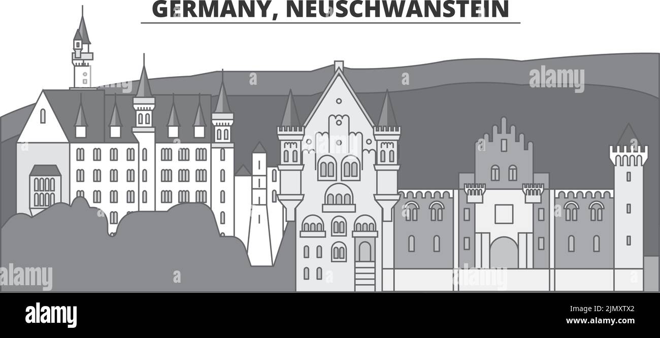 Germany, Neuschwanstein city skyline isolated vector illustration ...