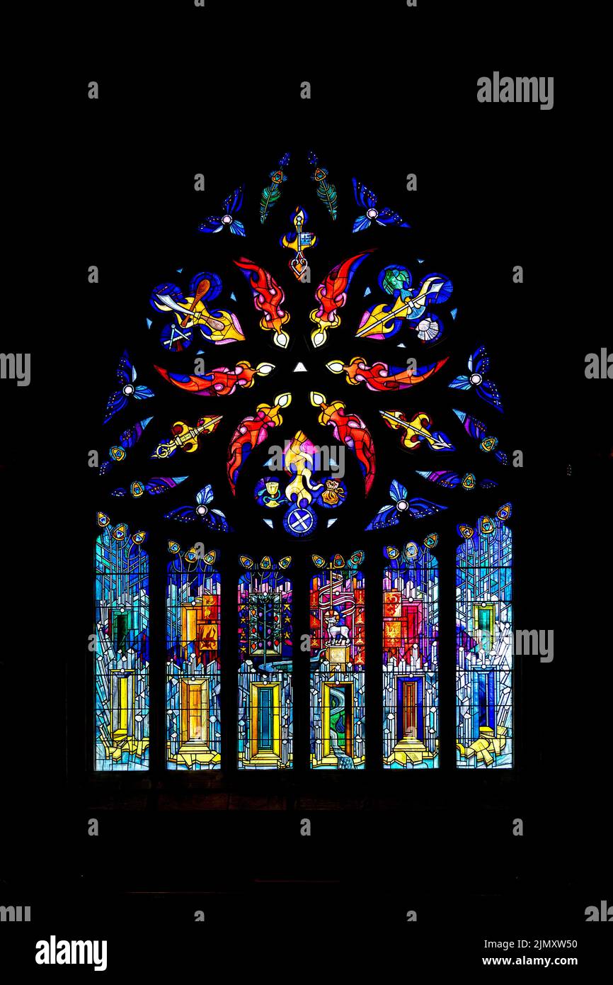 Close-up view of a historic stained glass window inside the St. Michael ...