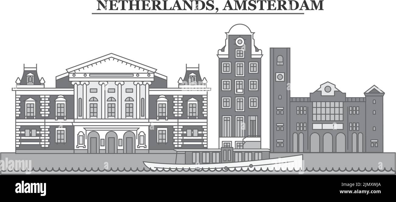 Netherlands, Amsterdam city skyline isolated vector illustration, icons ...