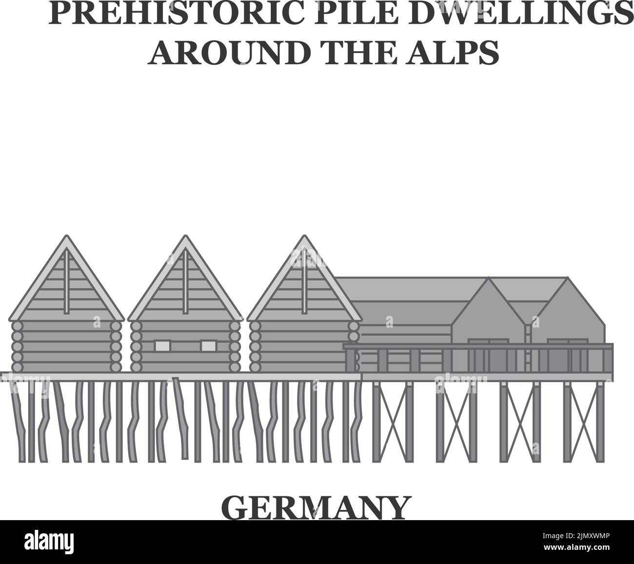 Germany, Alps, Prehistoric Pile Dwellings city skyline isolated vector ...