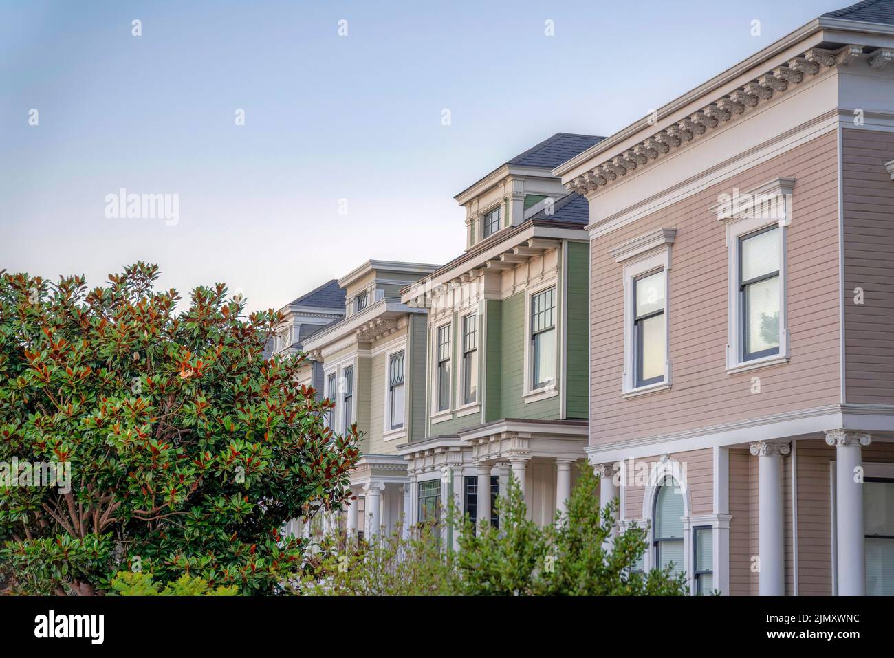 Houses exterior in San Francisco, California with greek style pillars ...