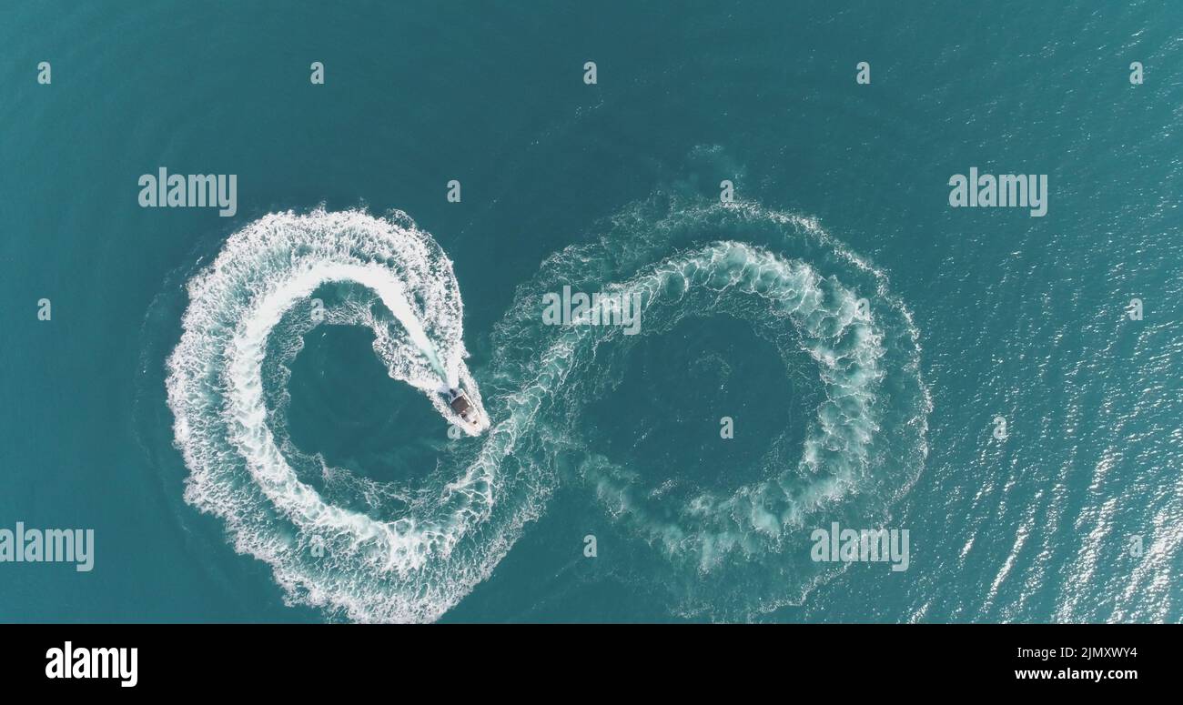 Aerial top view of a white pleasure boat on a summer day. Powerboat ...
