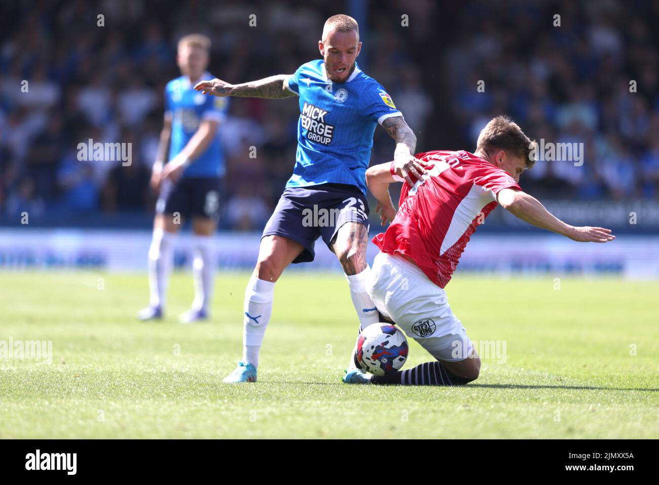 Peterborough, UK. 06th Aug, 2022. Joe Ward (PU) Jake Taylor (M) at the ...
