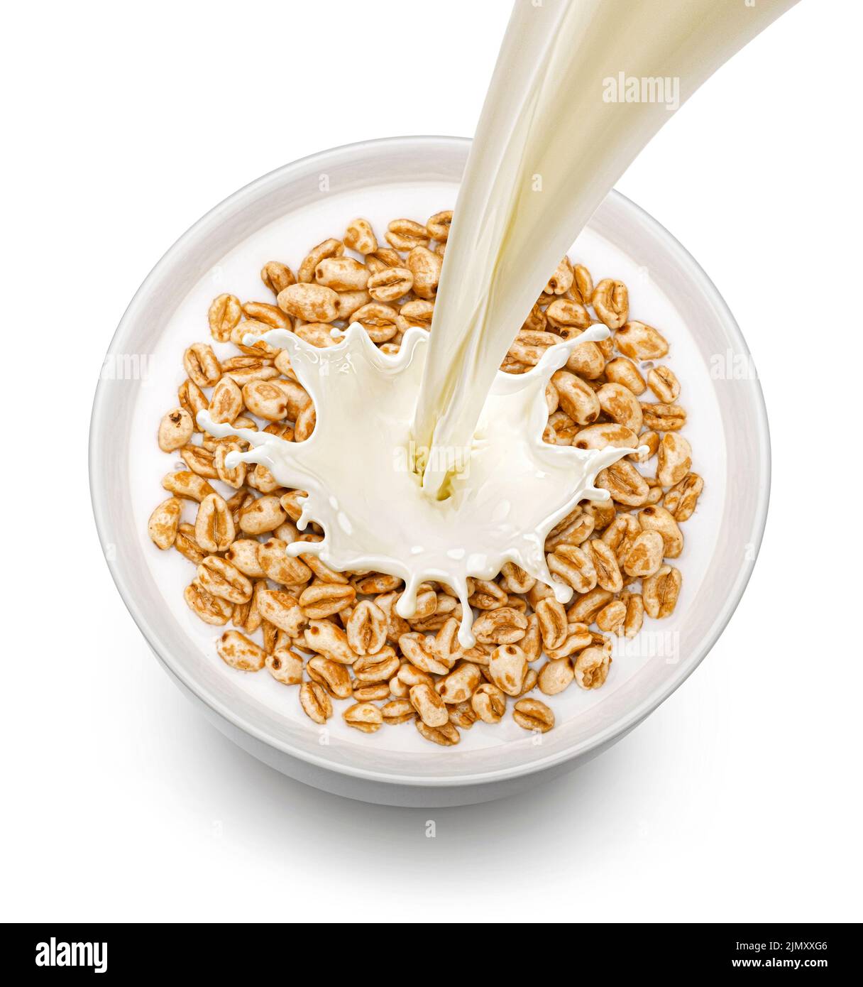 Puffed wheat with milk isolated on white, top view Stock Photo - Alamy