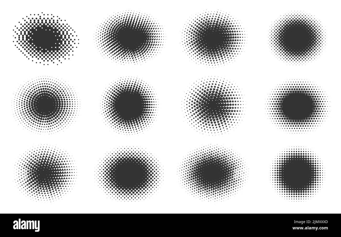 Black Halftone Comic Gradient Pattern Set Dotted Spots Using Half Tone Circle Star Hexagon Dots