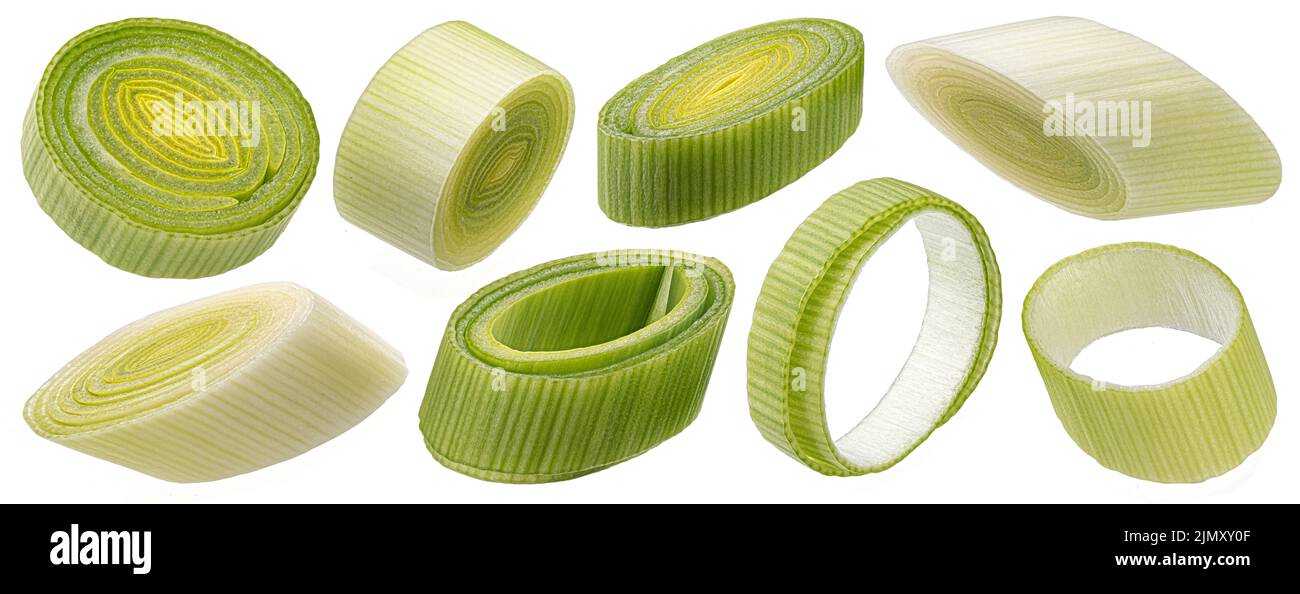 Sliced leek, chopped green onion isolated, full depth of field Stock ...