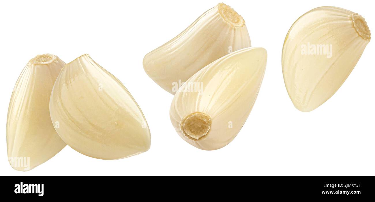 Falling peeled garlic cloves isolated on white background Stock Photo ...