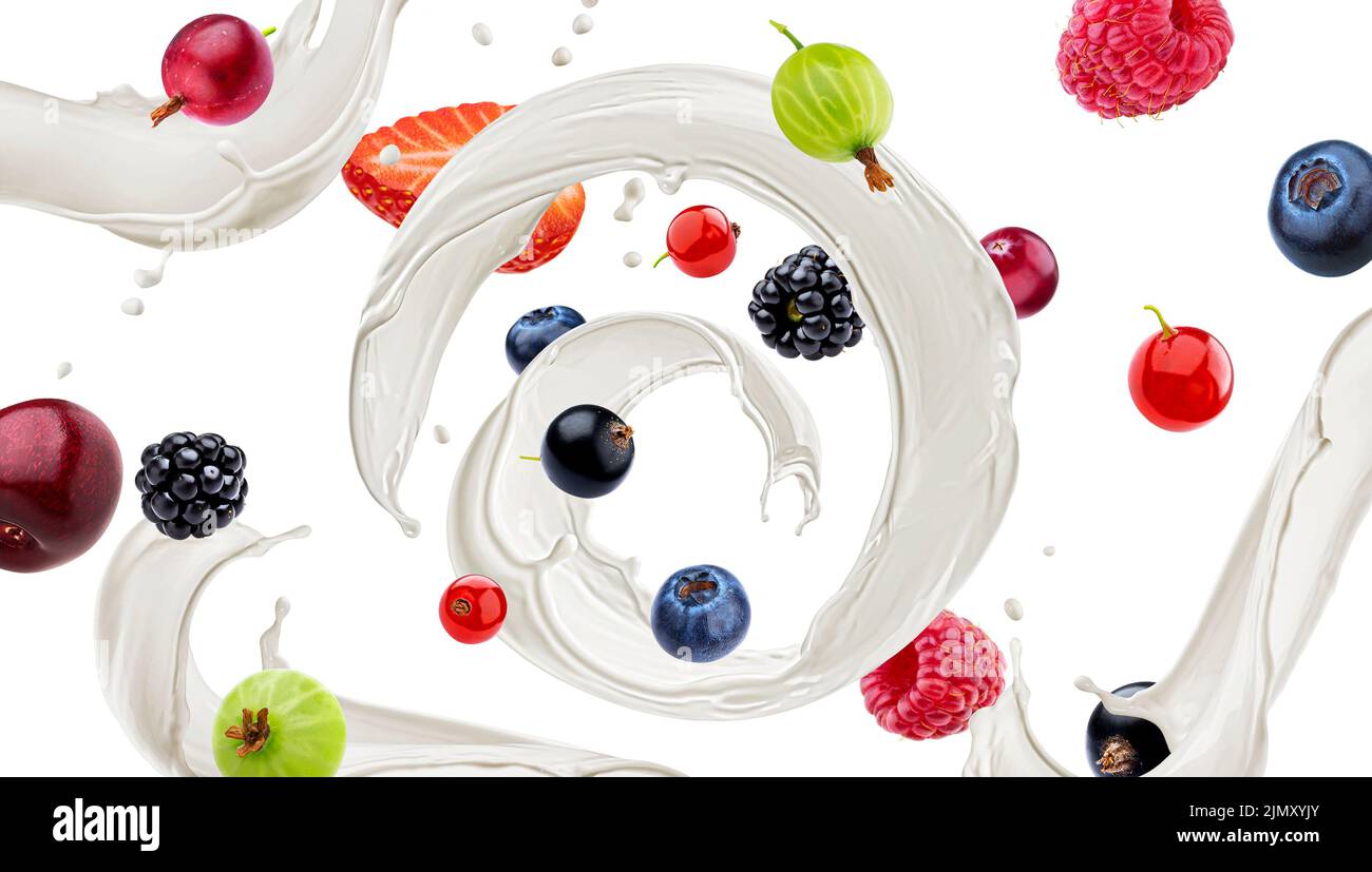 Wild berries with milk splash isolated on white background Stock Photo ...