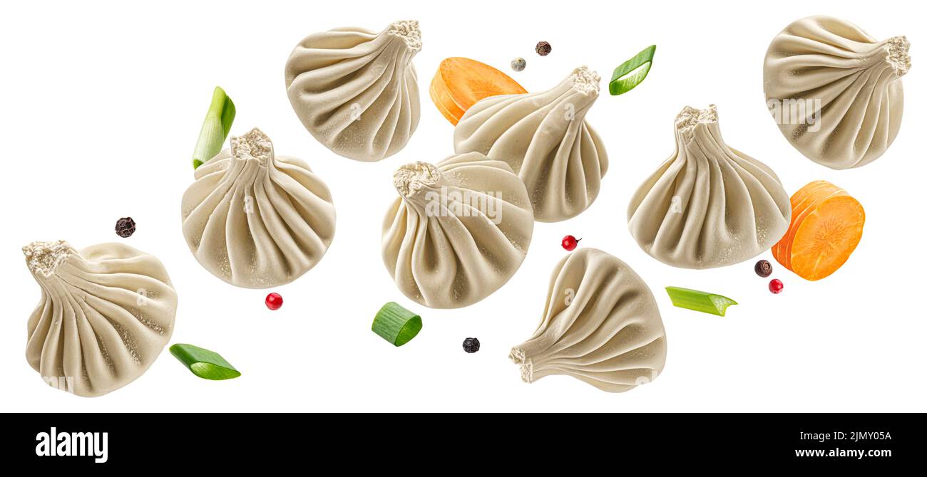 Falling khinkali, frozen dumplings isolated on white background Stock ...