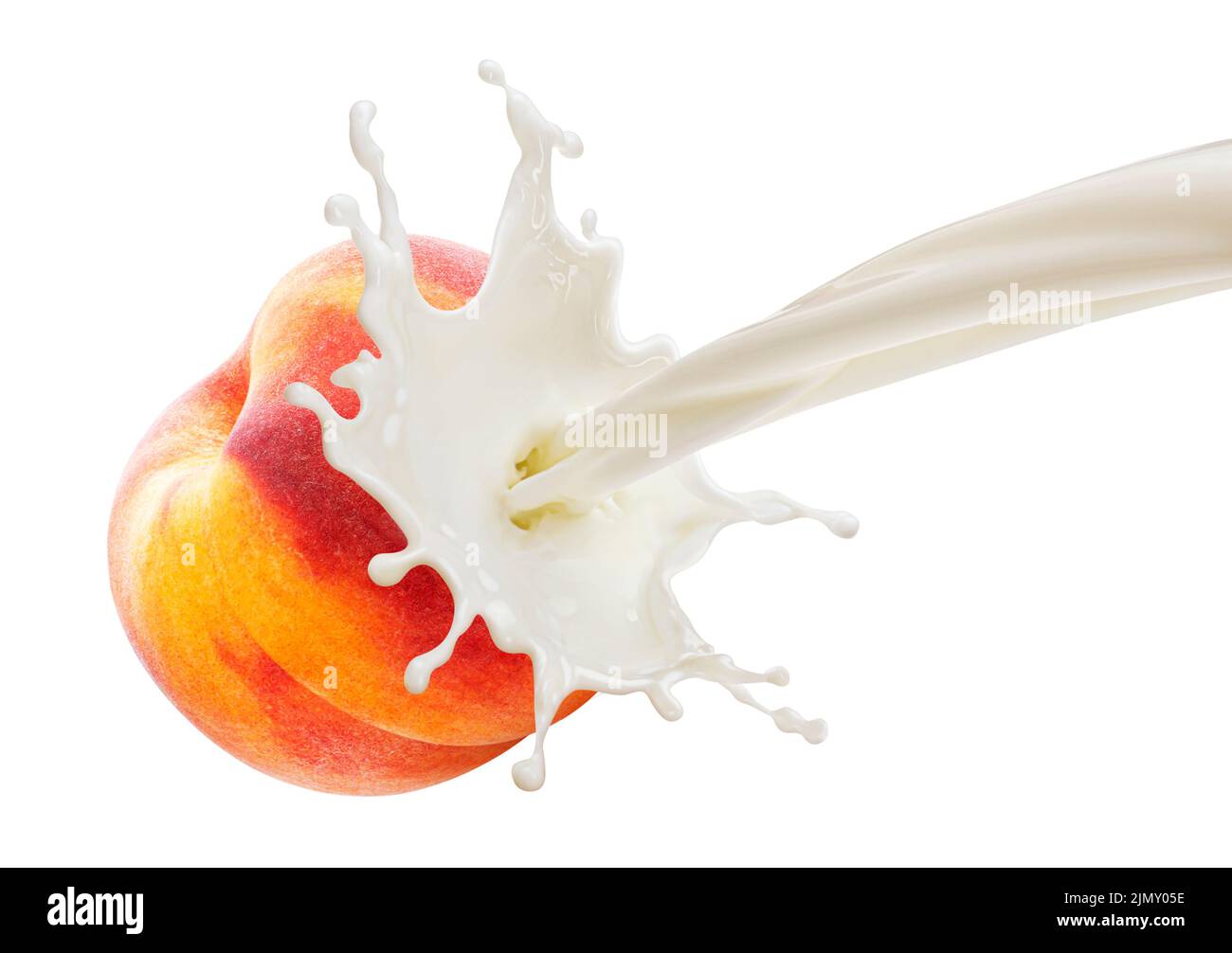 Peach and milk splash isolated on white background Stock Photo - Alamy