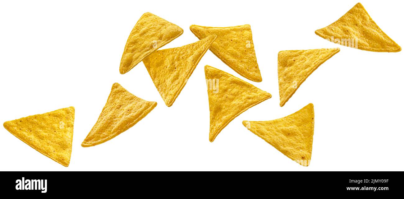 Falling nachos isolated on white background Stock Photo - Alamy