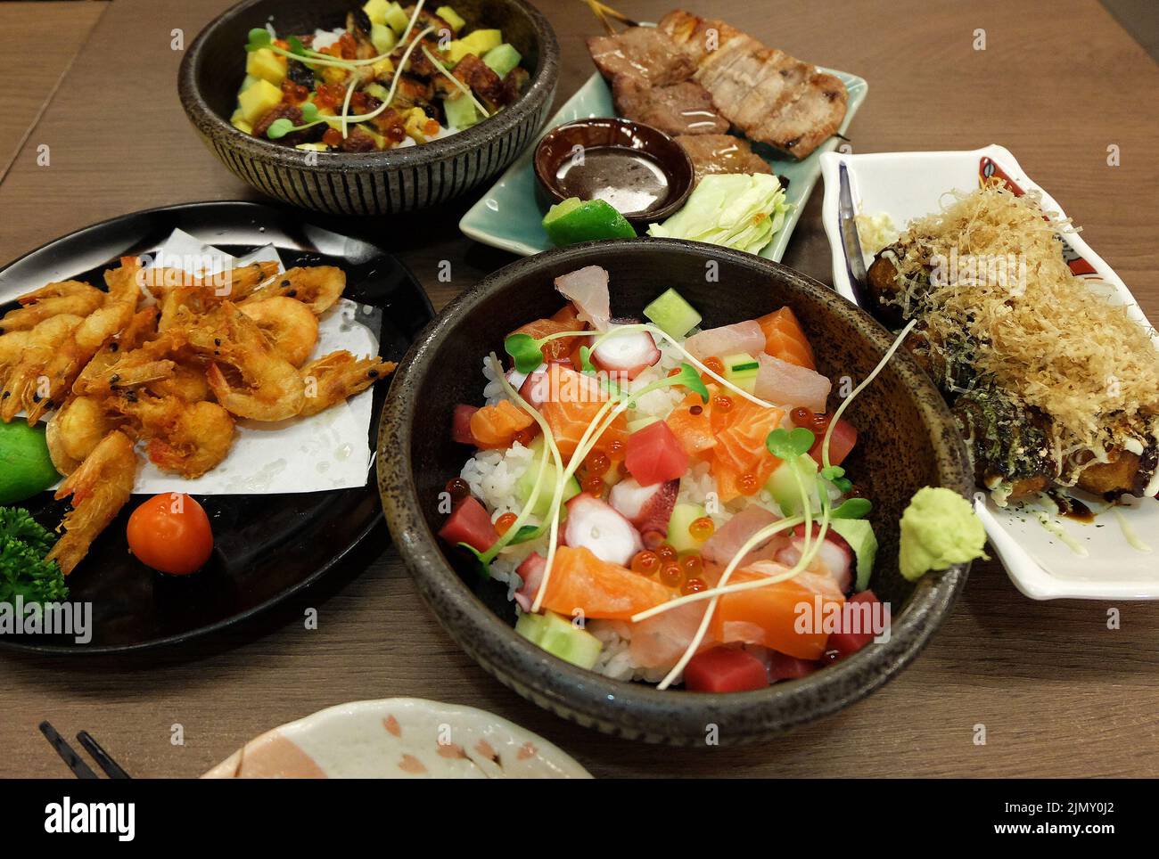 Kaisen don(raw fish sashimi rice bowl), battered deep fried shrimp ...