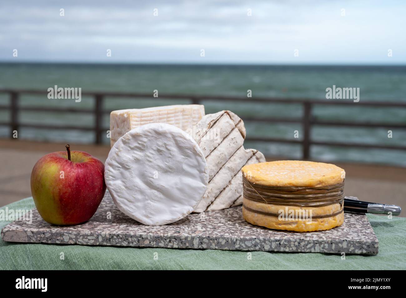 Four famous cheeses of Normandy, squared pont l'eveque, round camembert ...