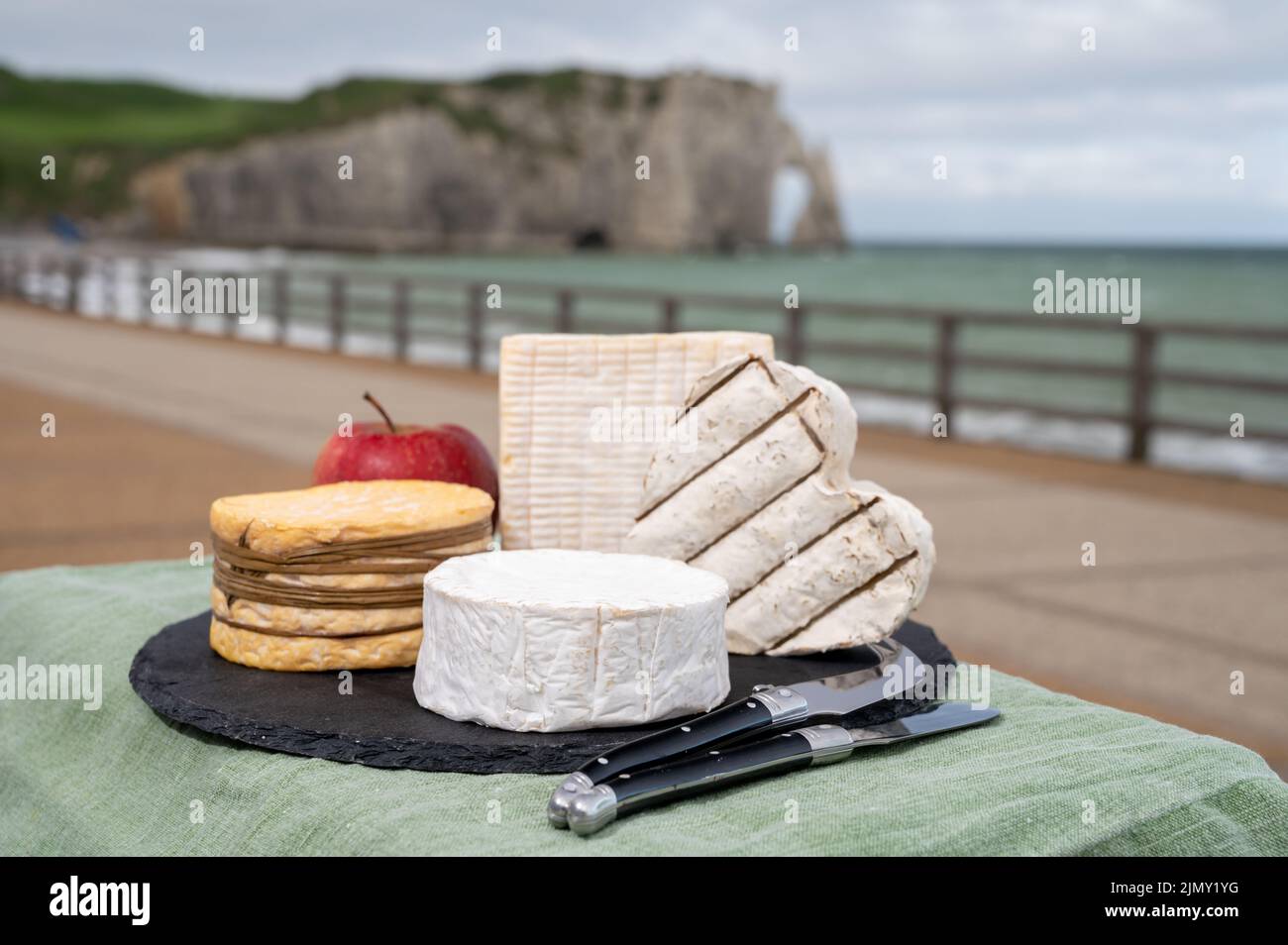 Four famous cheeses of Normandy, squared pont l'eveque, round camembert ...