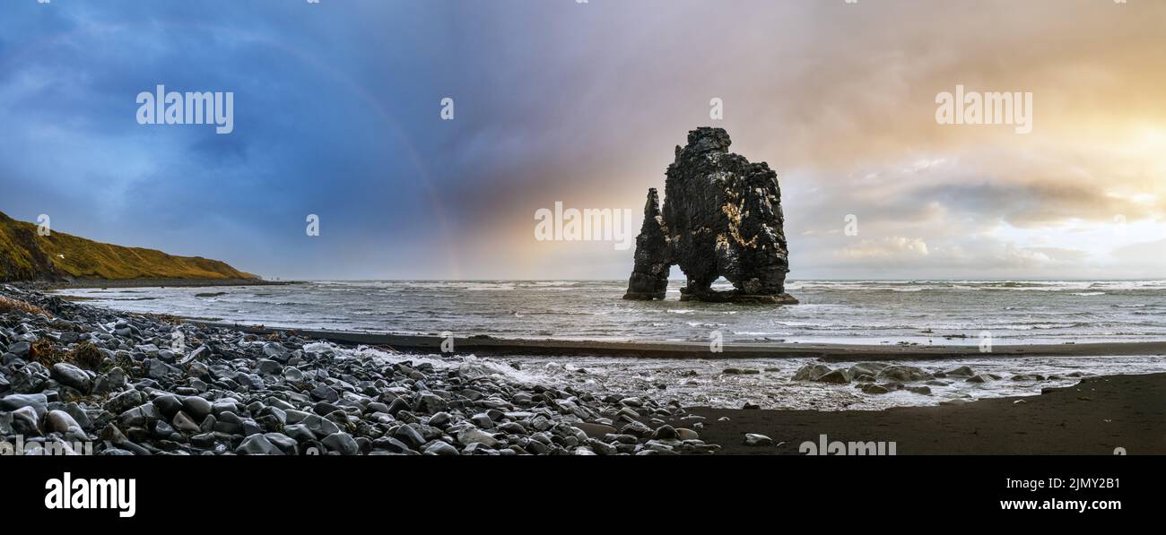 The drinking elephant or rhinoceros, basalt stack Hvitserkur along the ...