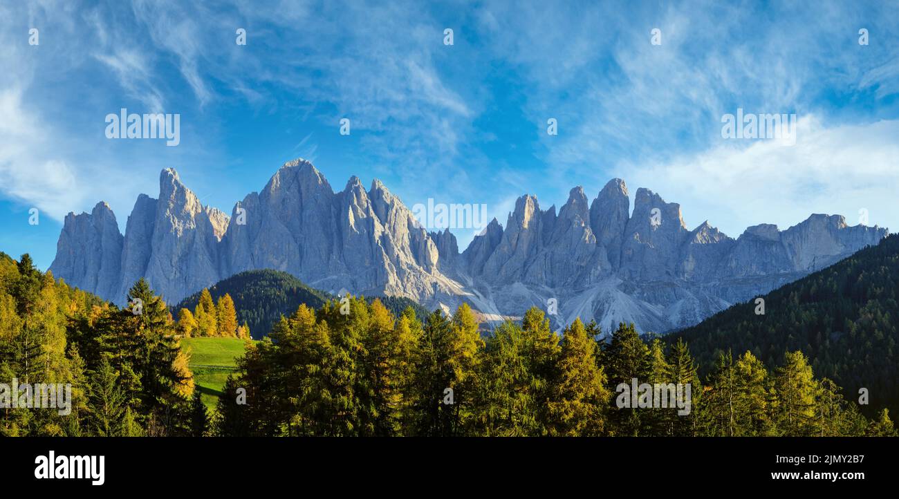 Autumn evening Santa Magdalena famous Italy Dolomites village ...