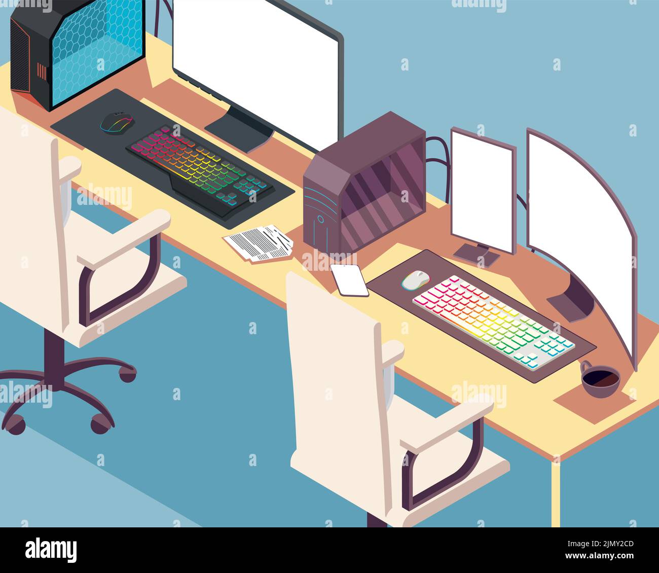 isometric desktops in workplace scene Stock Vector Image & Art - Alamy