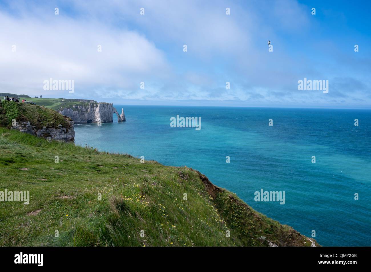 Panoramic view on chalk cliffs, Atlantic ocean and Porte d'Aval arch in ...